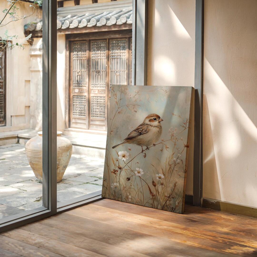 Rustic Sparrow Canvas Wall Art - Nature-inspired Bird Print With Soft ...