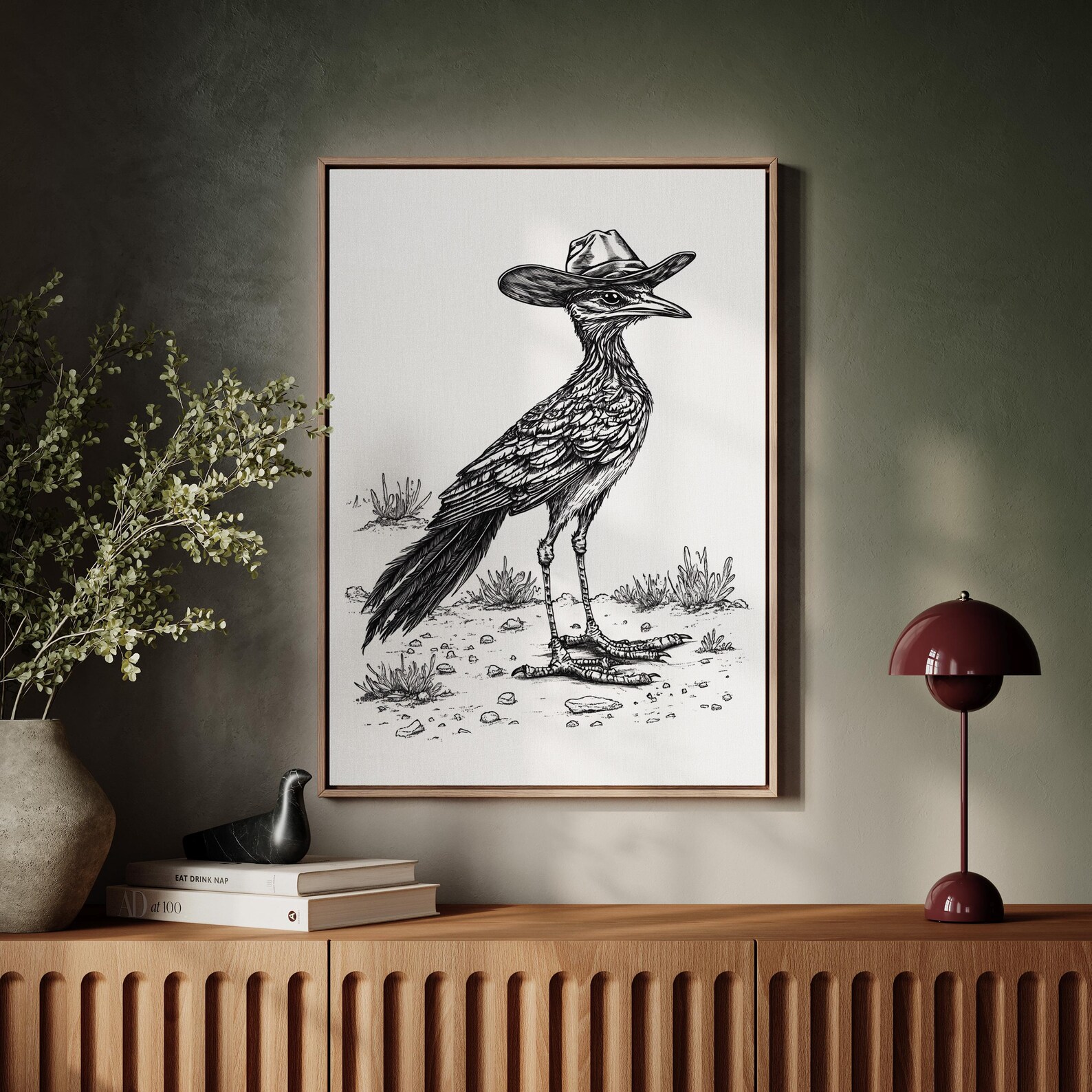 Cowboy Roadrunner Wall Art, Western Ink Illustration, Black and White ...