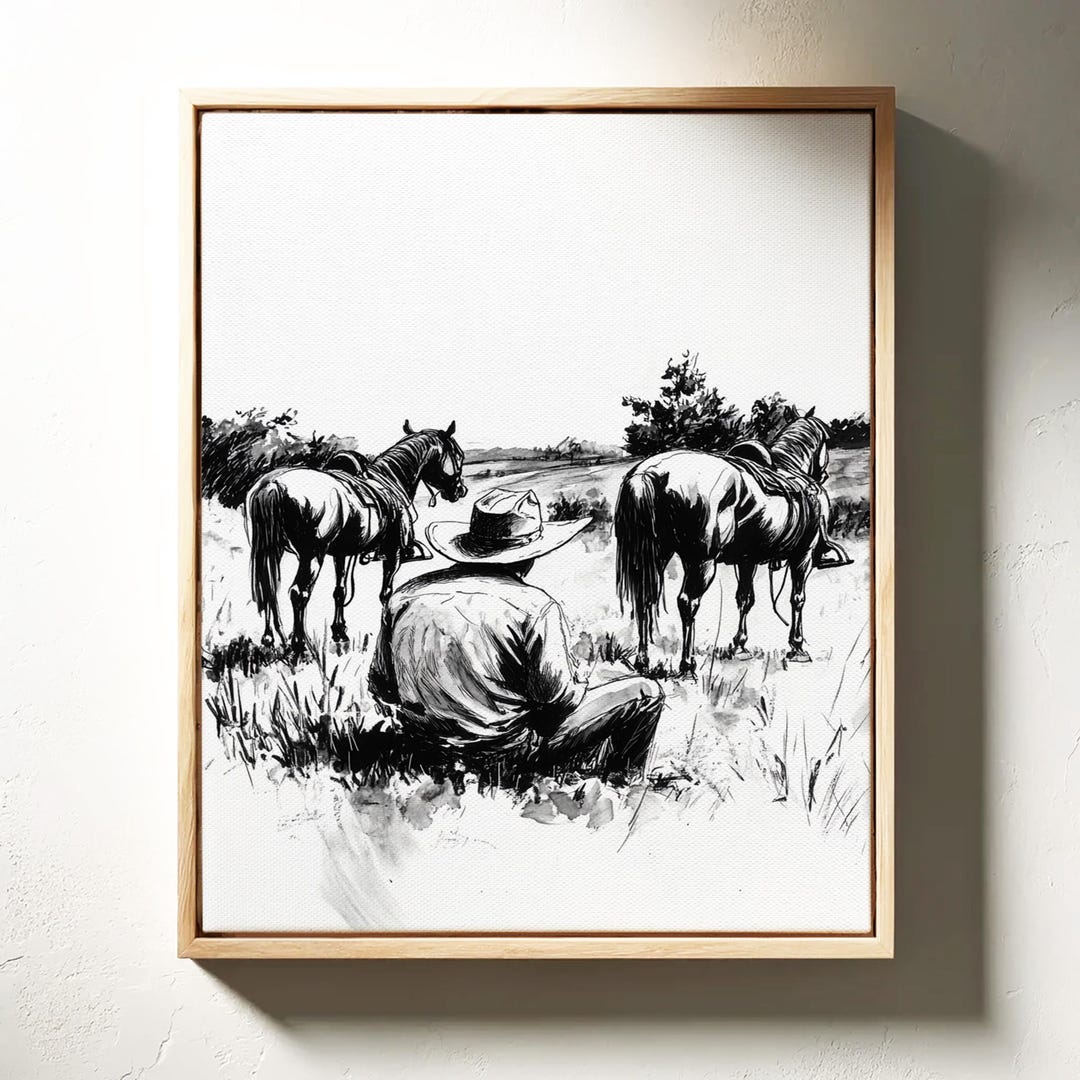 Vintage Western Cowboy Wall Art – Black Ink Illustration of Cowboy ...