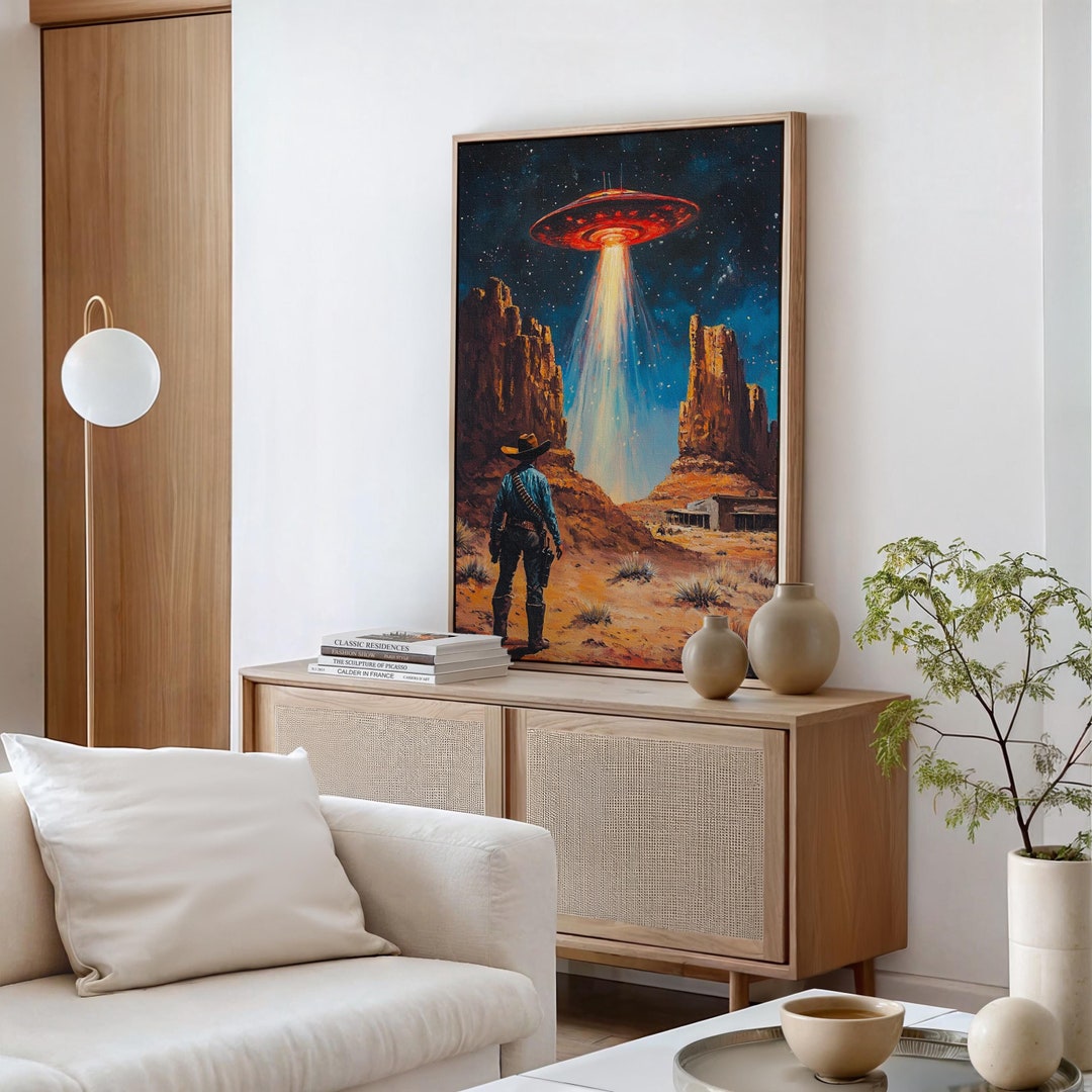 Alien Abduction in Western Desert - UFO Cowboy Canvas Art - Vintage Sci ...
