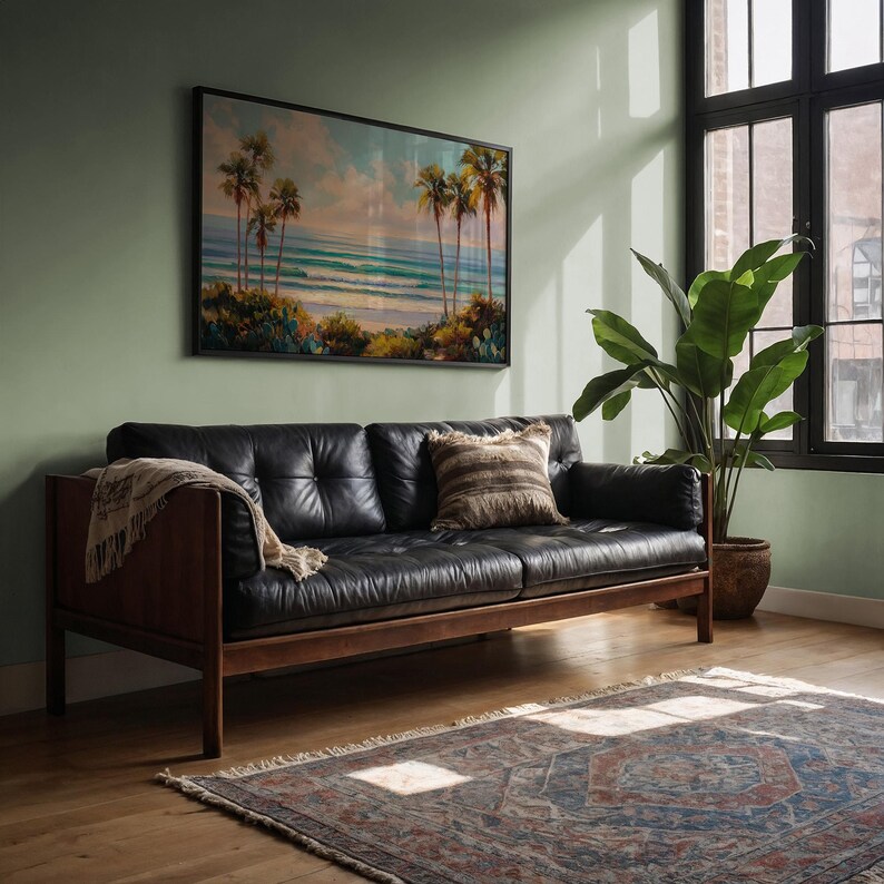 Sunset Palms Overlooking Surf | Tropical Coastal Canvas Art With Golden ...