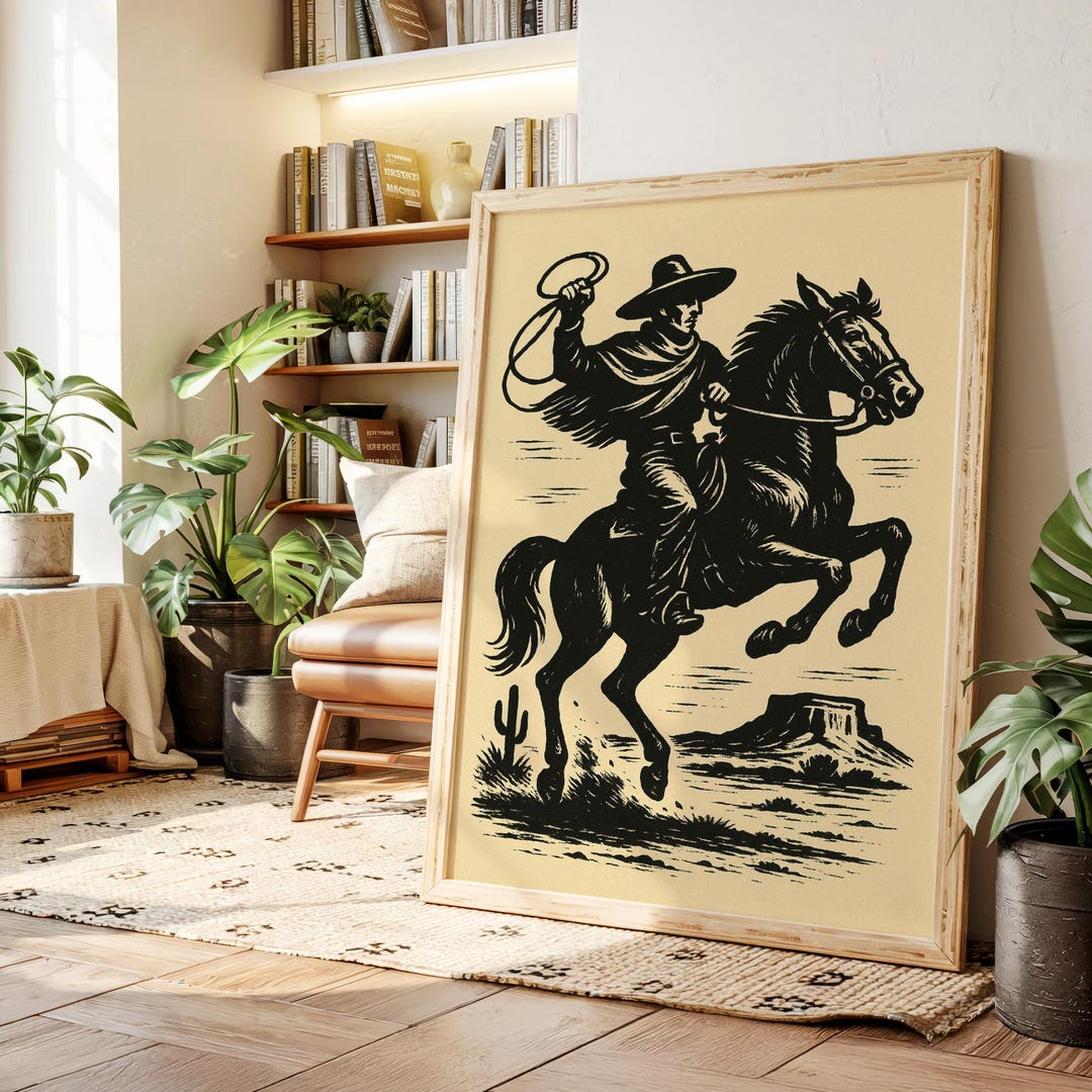 Vintage Cowboy Lasso Wall Art | Western Horse Rider Canvas Poster ...