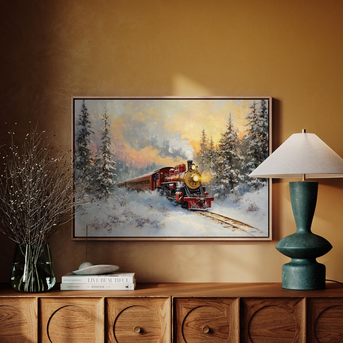 Vintage Steam Train in Snowy Winter Landscape - Rustic Christmas Canvas ...