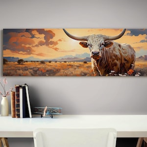 Longhorn Steer Panoramic Canvas Wall Art, Southwestern Wall Art, Cow ...