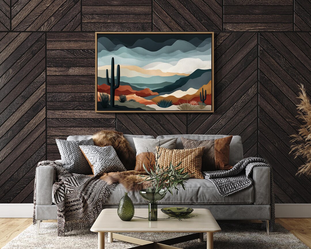 Layered Desert Landscape With Cactus and Abstract Mountains - Etsy