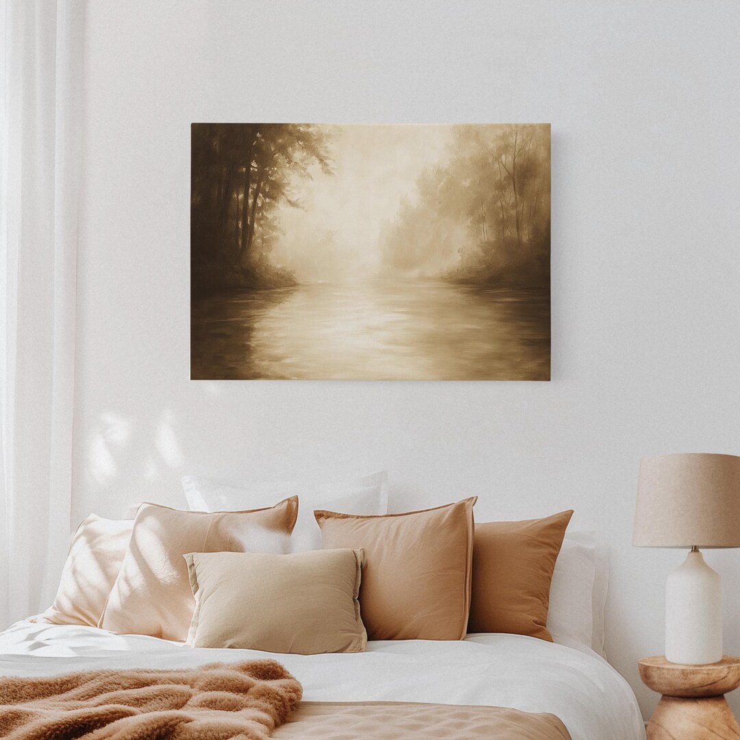 Sepia River Forest Canvas Wall Art | Vintage Nature Oil Painting Print | Serene Landscape for ...