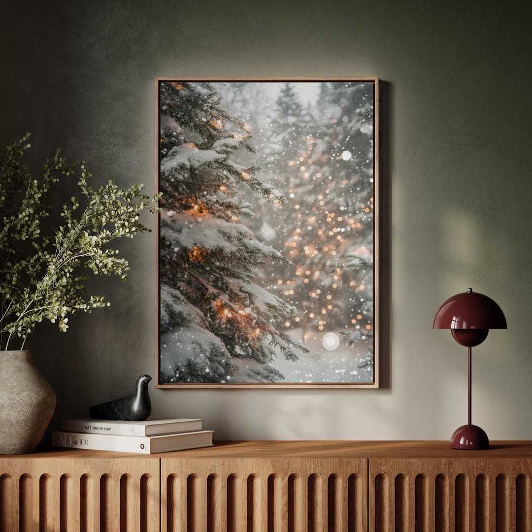 Snow Crusted Pine Trees With Lights in the Forest Ready to Hang Canvas ...