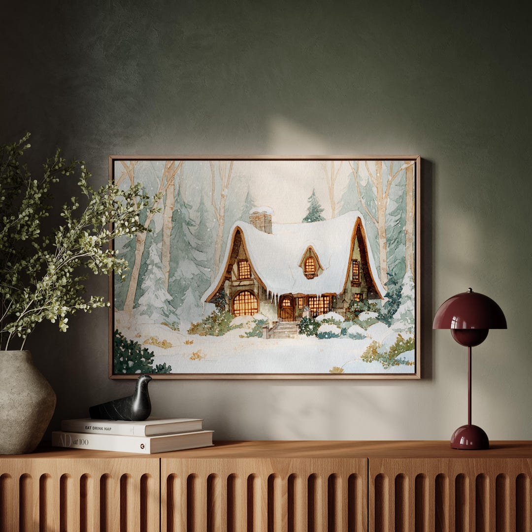 Cozy Winter Cottage Canvas Wall Art, Snowy Christmas Painting of Forest ...