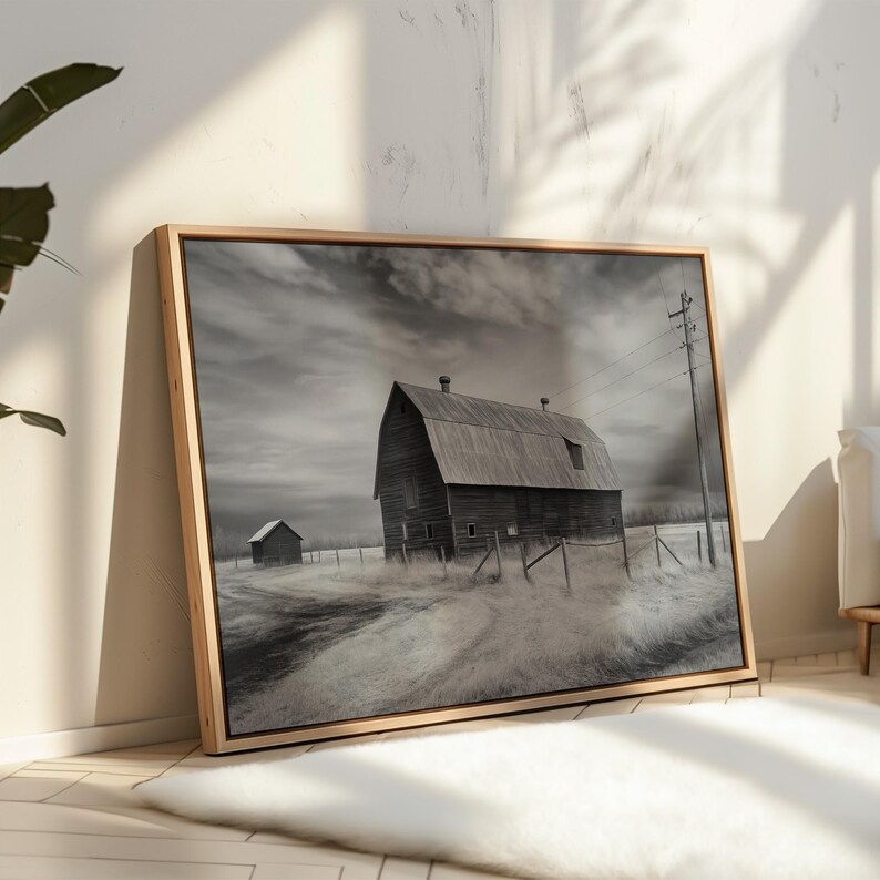 Black and White Rustic Barn Wall Art – Vintage Farm Landscape Canvas ...