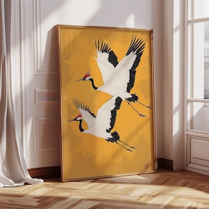 Japanese Crane Wall Art - Traditional Ink Bird Painting - Asian Minimalist Decor - Elegant ...