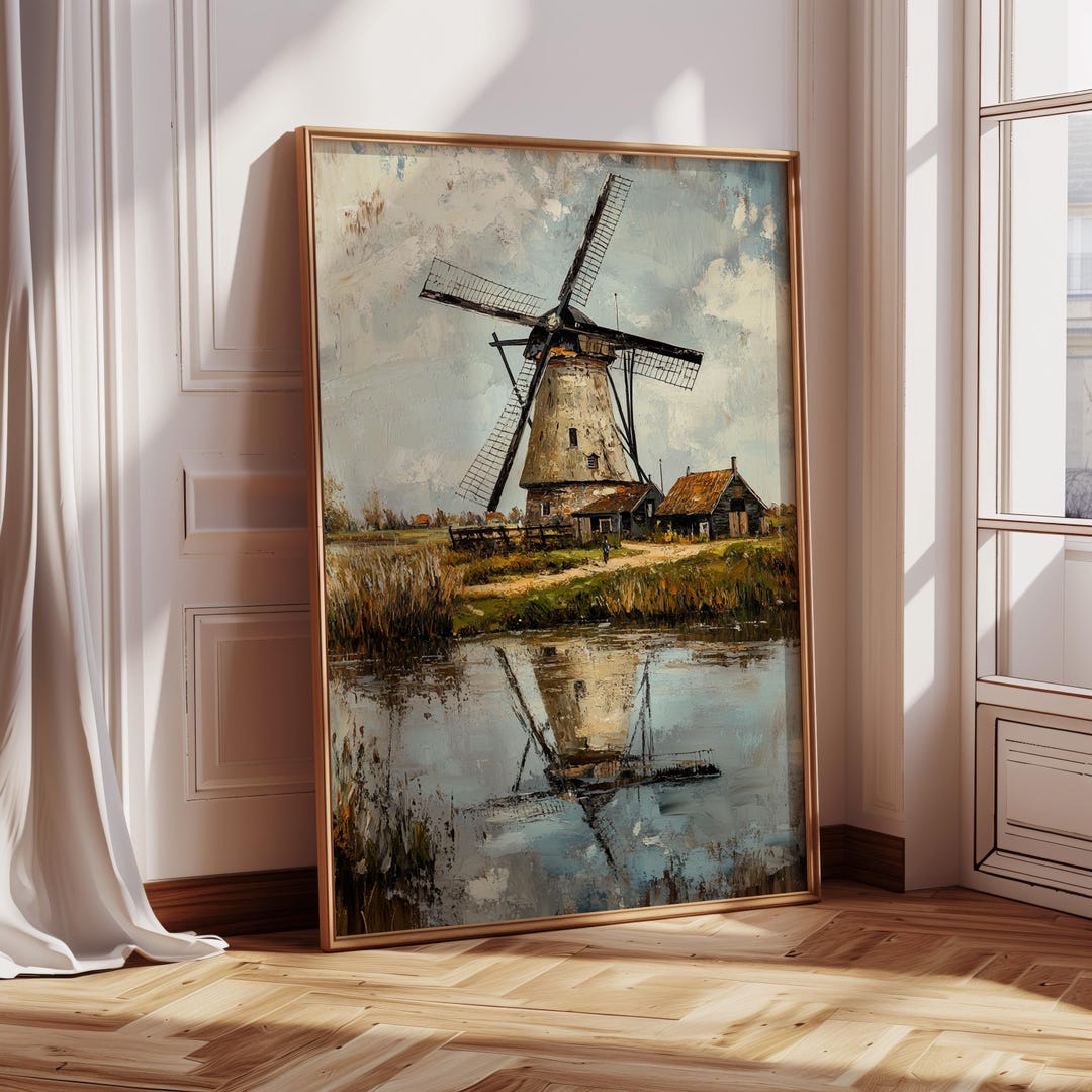Vintage Windmill Landscape, Rustic Dutch Countryside, Reflecting Mill ...