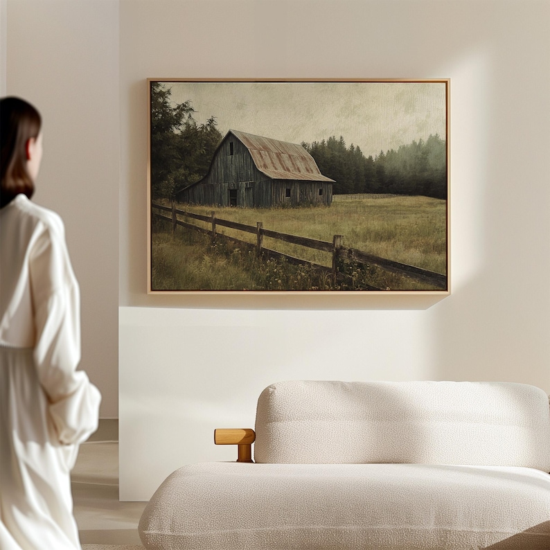 Rustic Blue Barn in Countryside Meadow | Vintage Rural Landscape Canvas ...