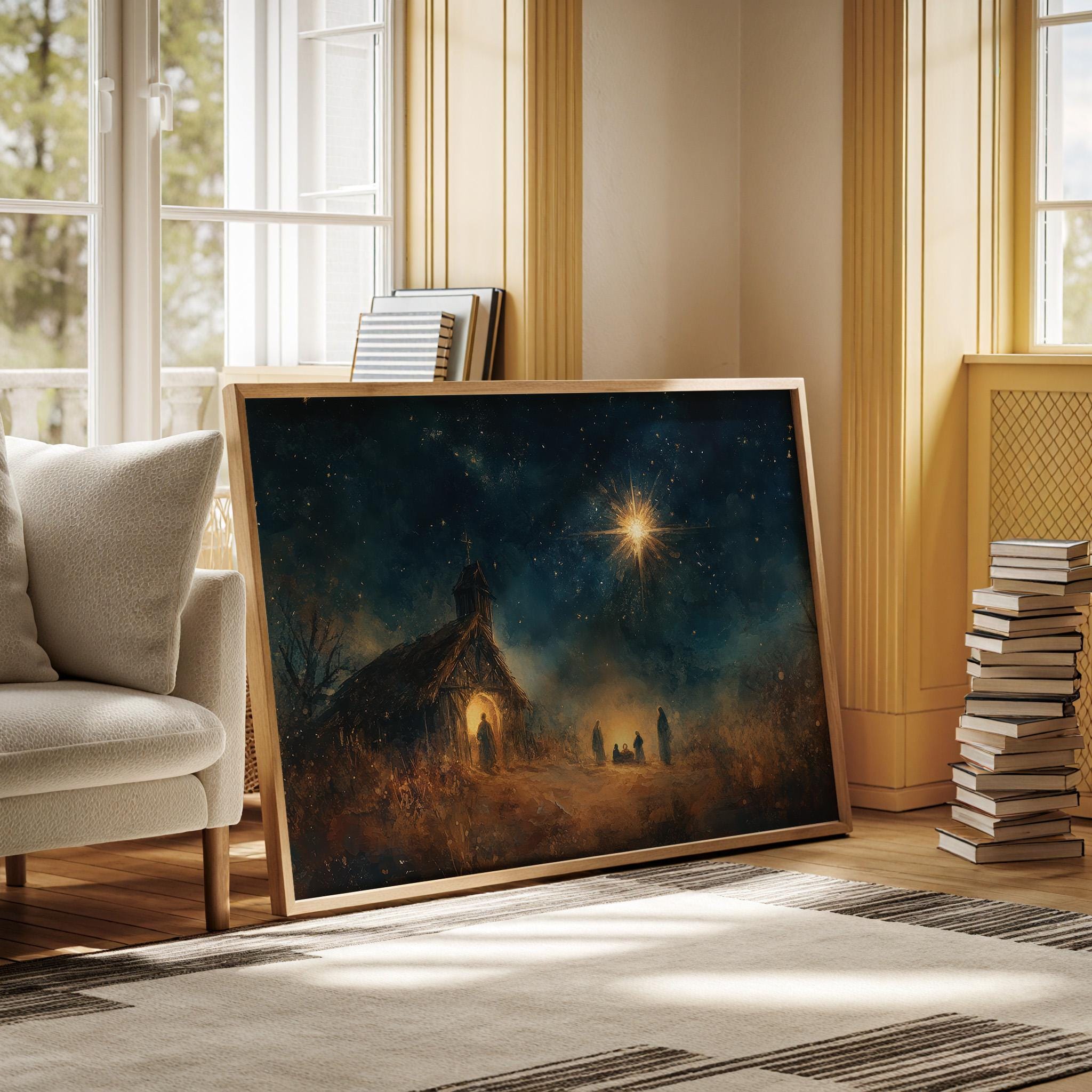 Nativity Scene Canvas Wall Art – Rustic Christmas Star Painting, Framed ...