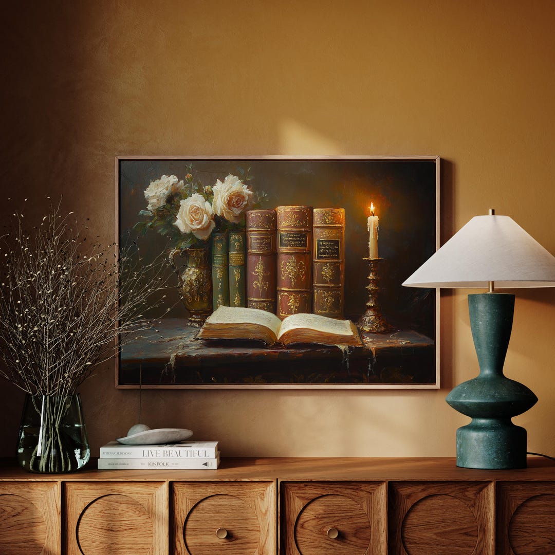 Vintage Books, Candle, and Roses Canvas Art - Antique Still Life Wall Decor for Library, Study ...