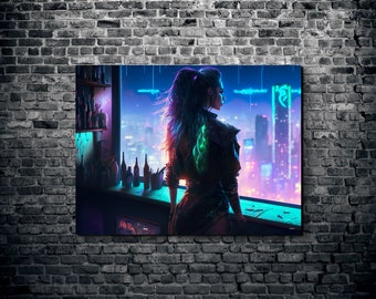 Cyberpunk Print Futuristic Street With Purple Cyan Neon Lights Art ...