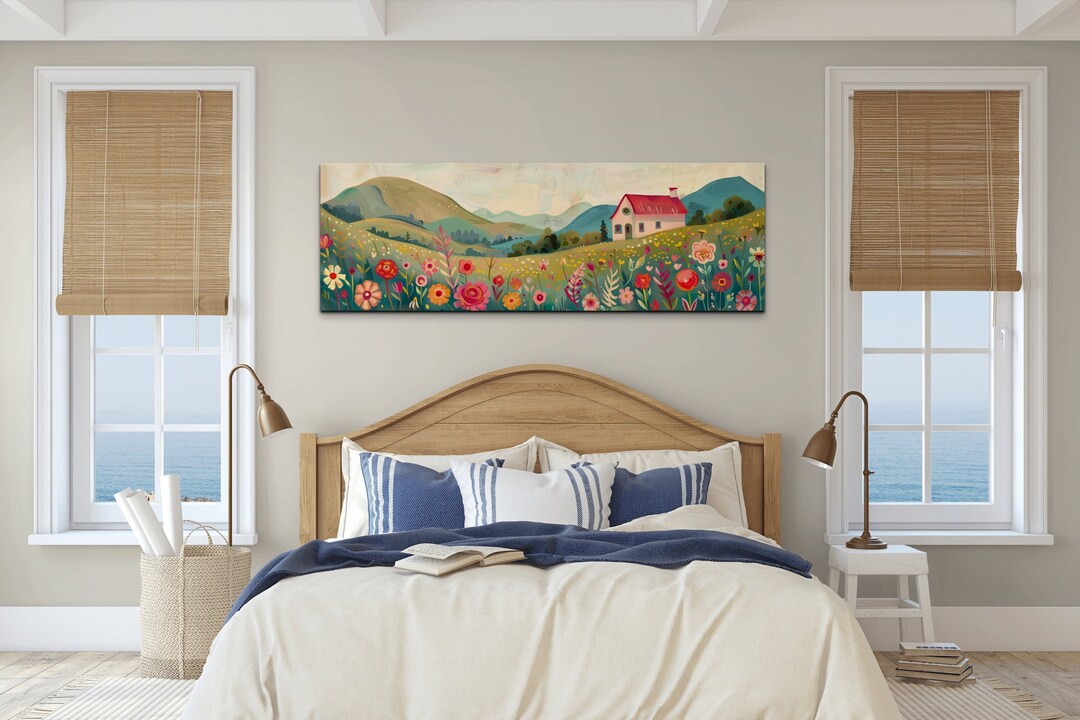 Whimsical Folk Art Painting Countryside Cottage Colorful Flower Field ...