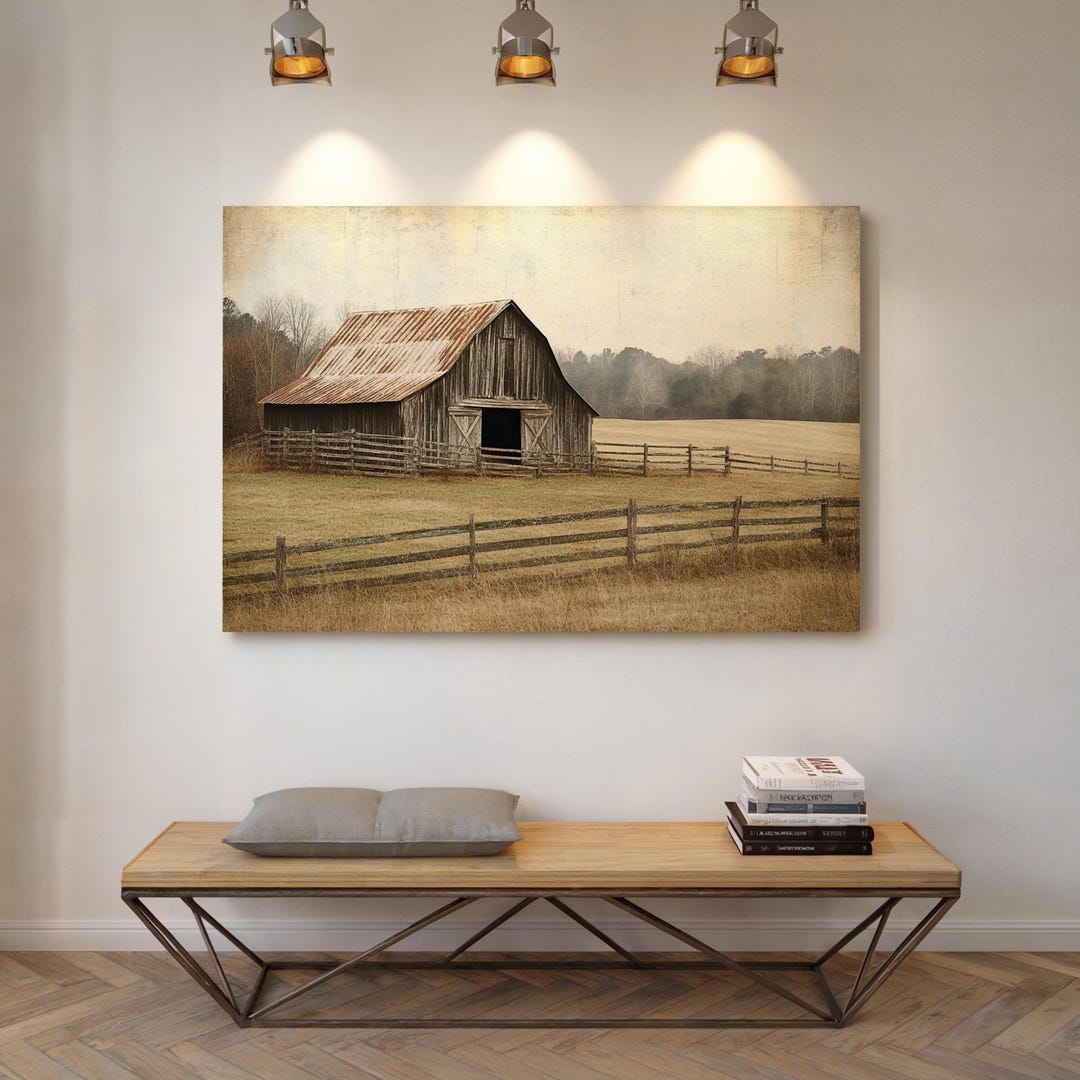 Rustic Barn Landscape Canvas | Farmhouse Wall Art | Vintage Country ...