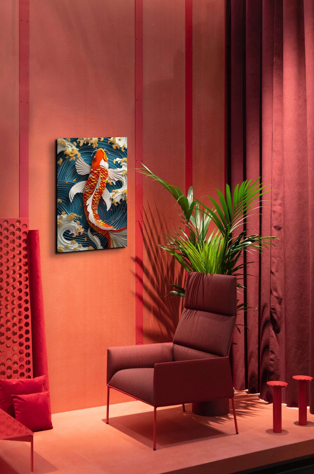 Geometric Koi Fish Canvas Wall Art,two Koi Fishes Nature Animal Wall ...