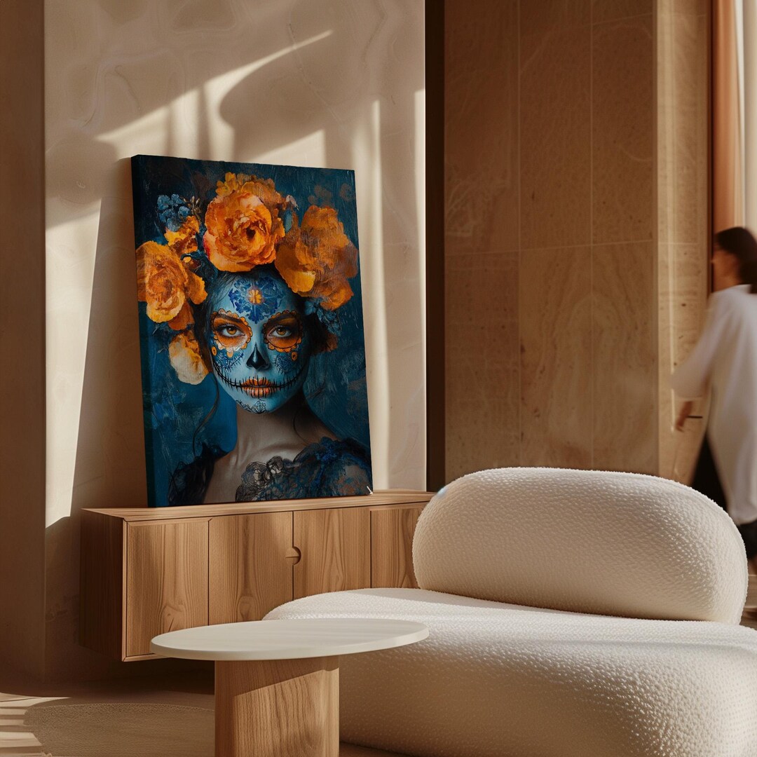 Blue Sugar Skull With Orange Flowers | Dia De Los Muertos Canvas Art ...