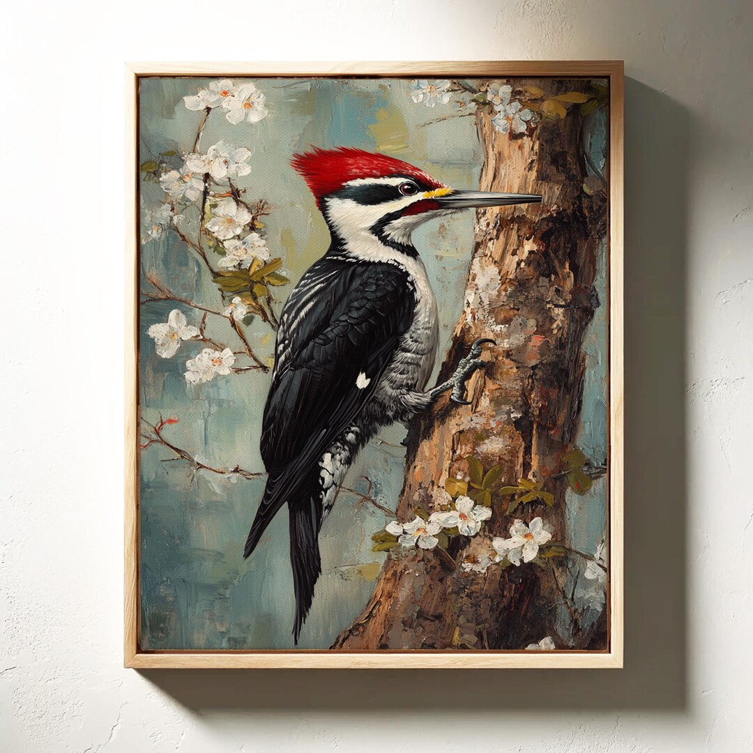 Stunning Woodpecker Canvas Wall Art With Blooming Floral Details ...
