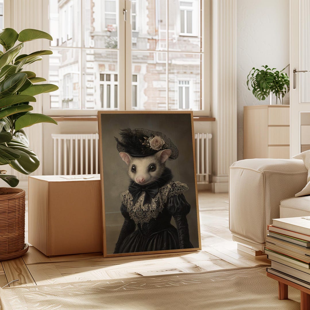 Victorian Possum Wall Art – Elegant Animal Portrait in Black Lace Dress ...