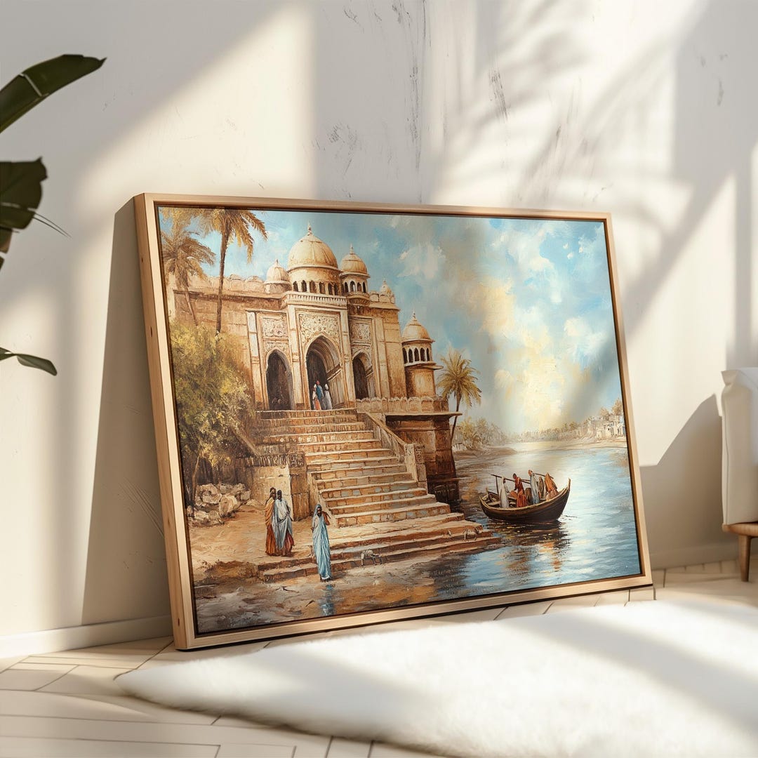 Ancient Riverside Temple Scene | Vintage Orientalist Painting of India ...