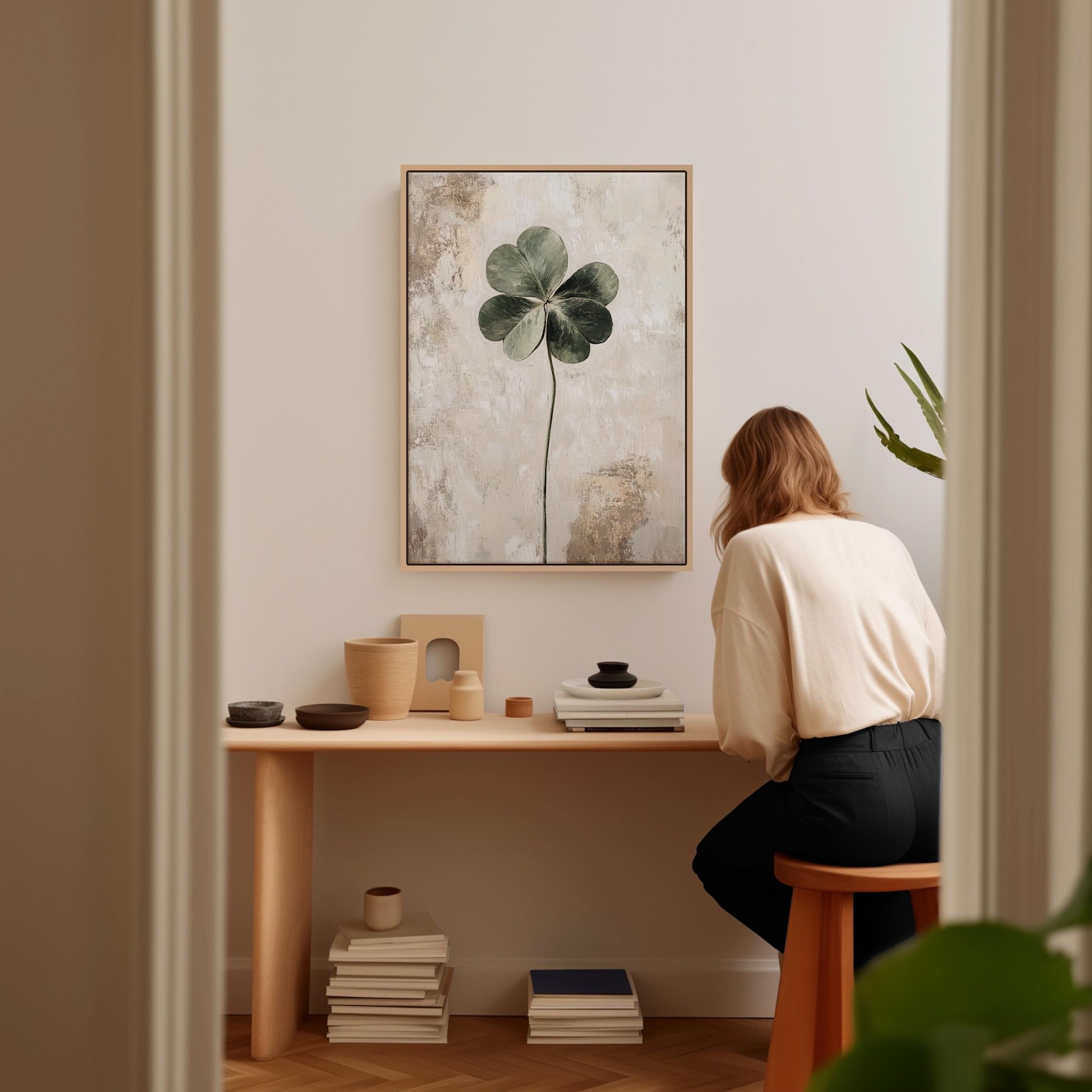 Minimalist Four-leaf Clover Canvas Wall Art - Lucky Botanical Hangable ...