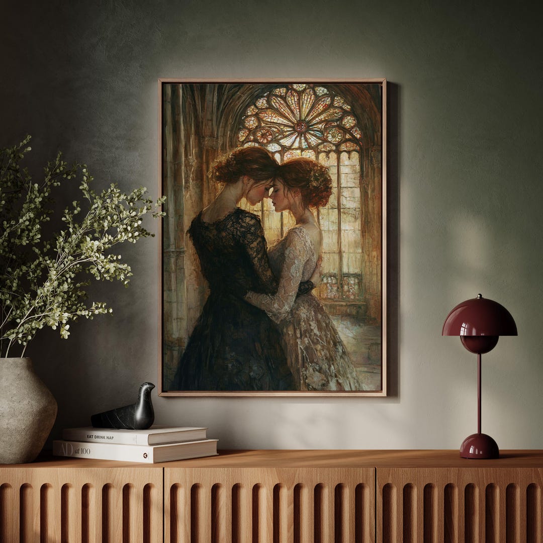 Romantic Gothic Wall Art - Two Women in Lace Embrace in Cathedral Light ...