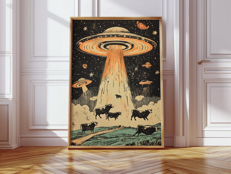 Cow Abduction UFO Wall Art – Retro Alien Poster With Space Cows and ...