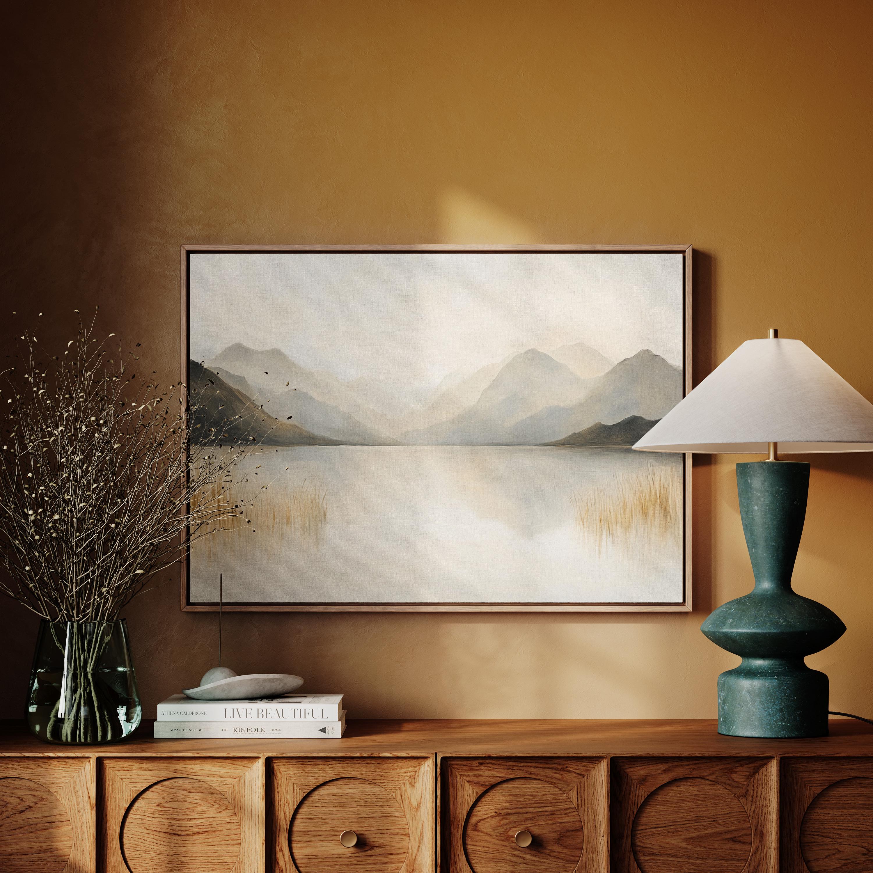 Minimalist Lake Reflection Canvas, Neutral Mountain Wall Art, Serene ...