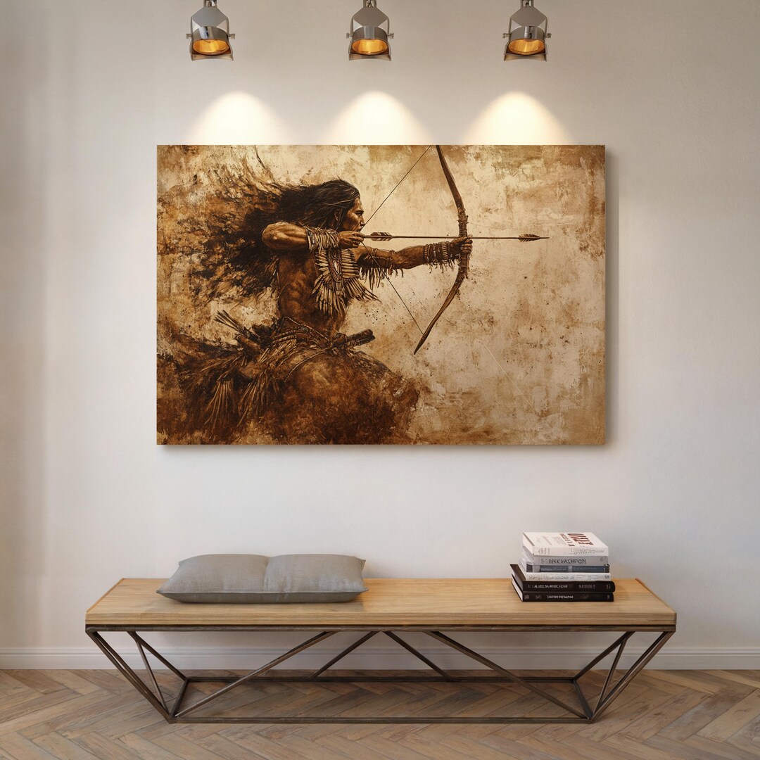 Native American Warrior Archer on Horseback | Rustic Sepia Canvas Art ...