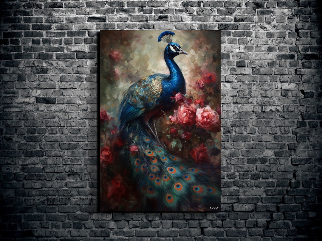 Peacock With Roses Canvas Wall Art, Peacock Surrounded by Pink Rose ...