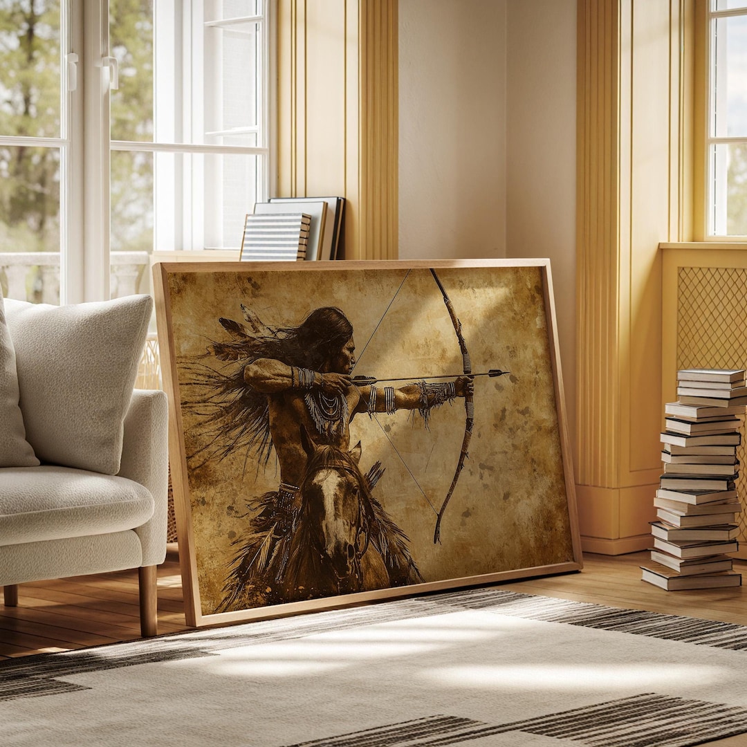 Native American Archer on Horseback - Rustic Warrior Portrait With Bow ...