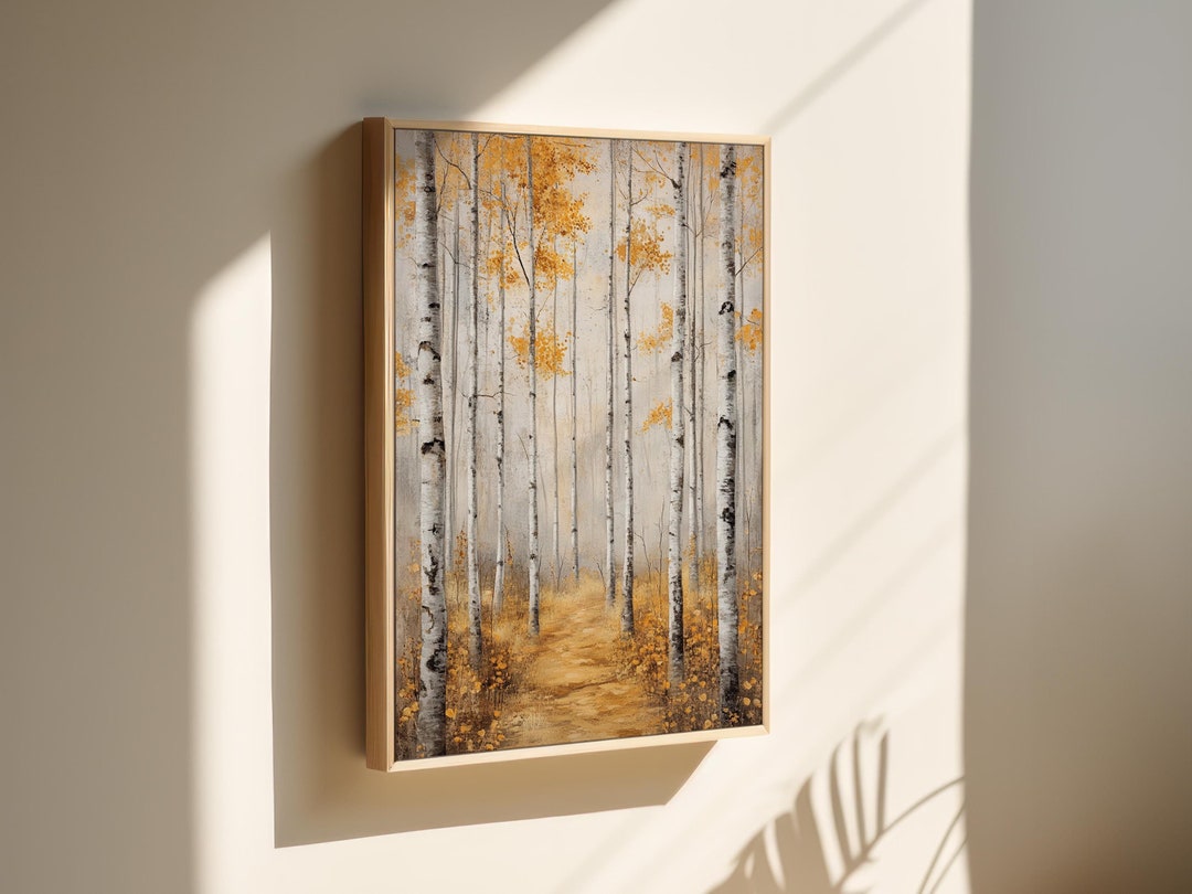 Serene Birch Forest Wall Art: Autumn Pathway With Golden Leaves and ...
