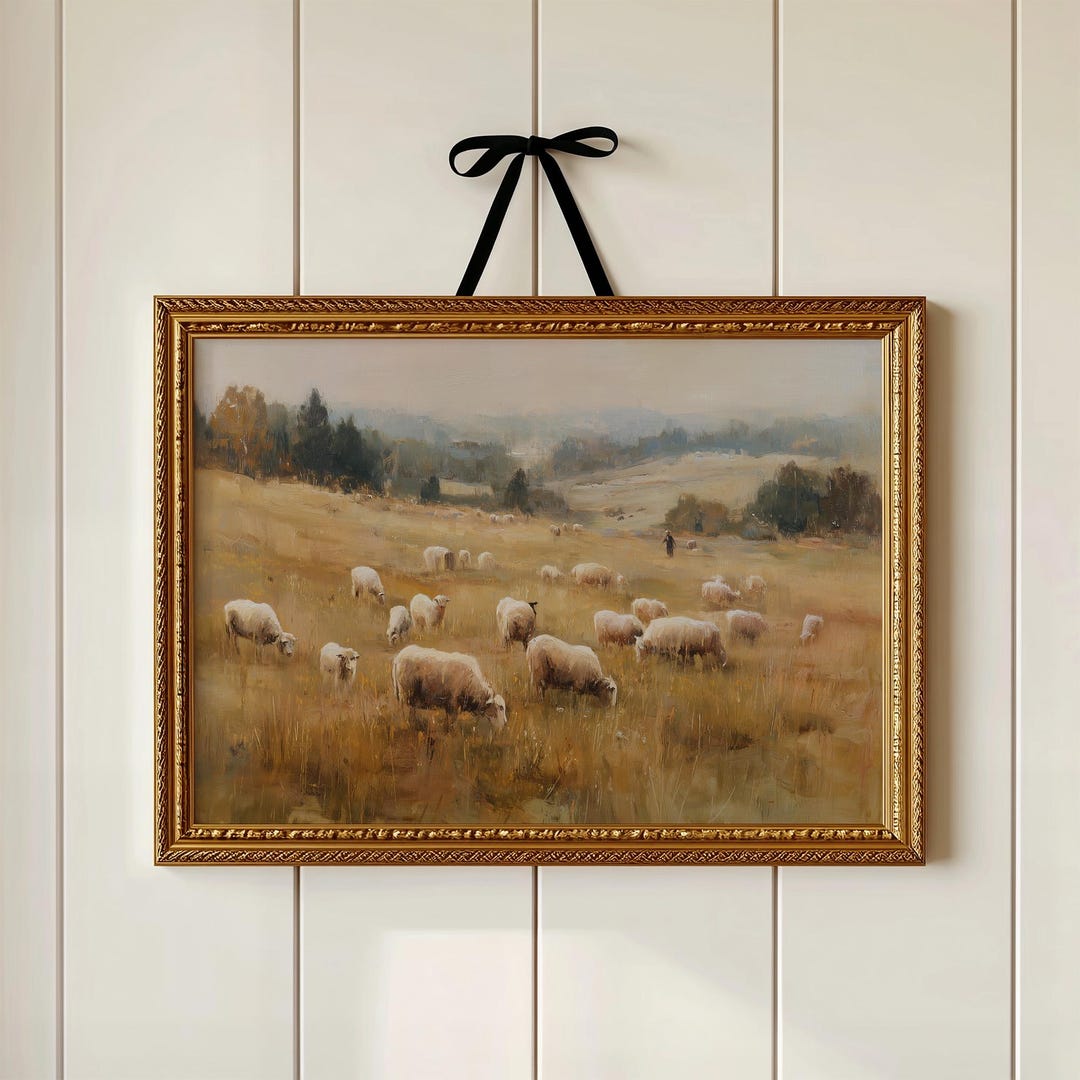 Shepherd Watching Over His Flock | Peaceful Pastoral Oil Painting - Etsy