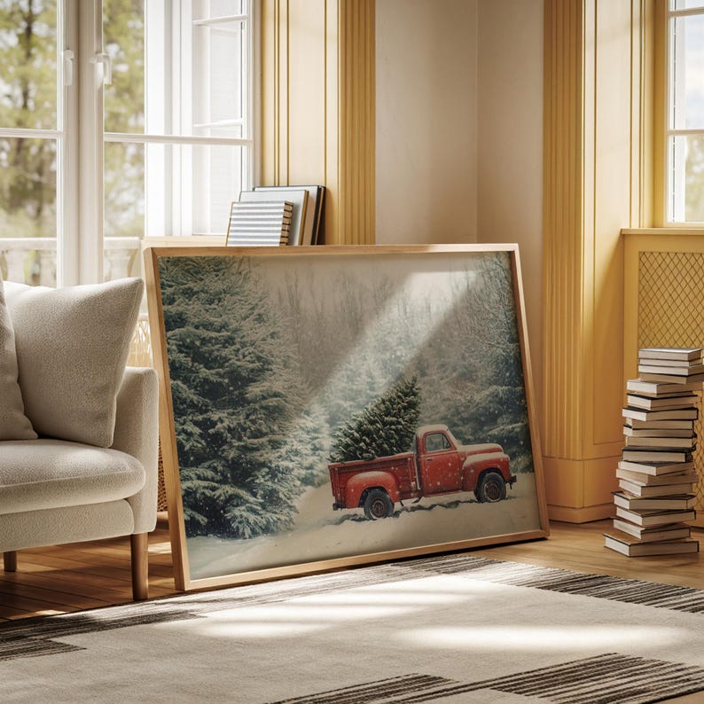 Rustic Red Truck Christmas Canvas - Snowy Evergreen Forest Scene ...