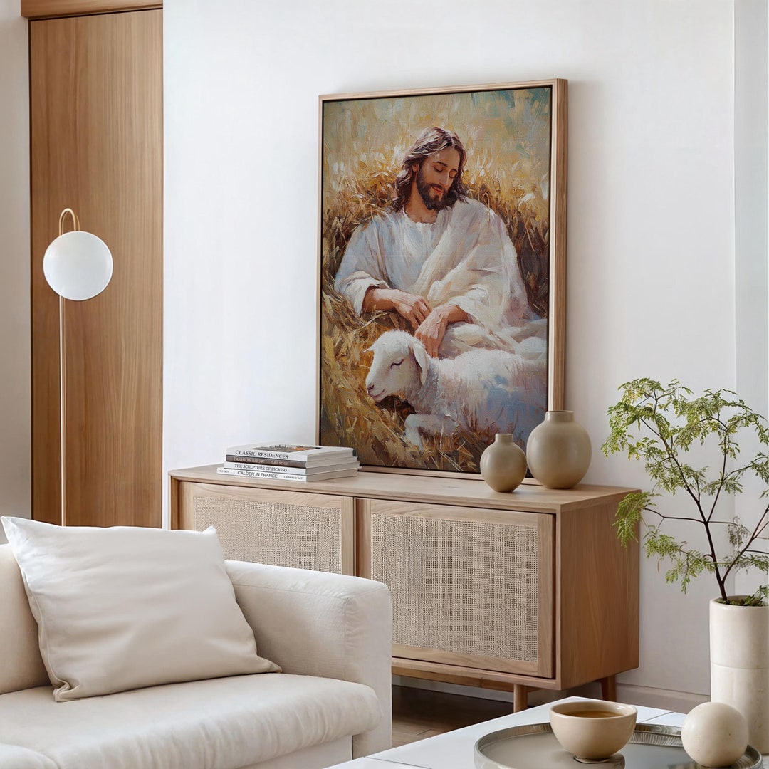 Jesus Resting With a Lamb in a Wheat Field - Peaceful Christian Canvas ...