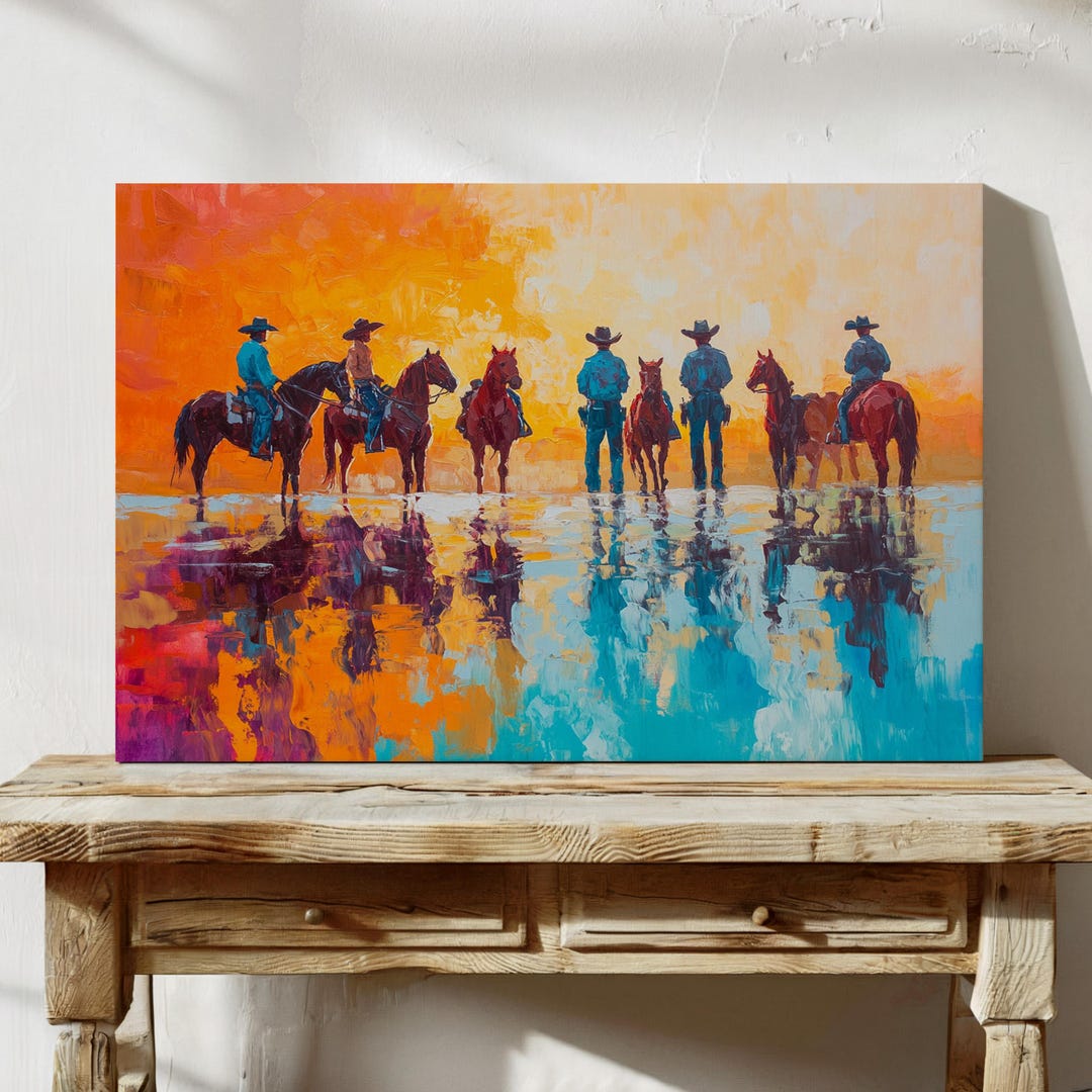 Sunset Cowboys Reflection – Colorful Western Canvas Wall Art - Etsy