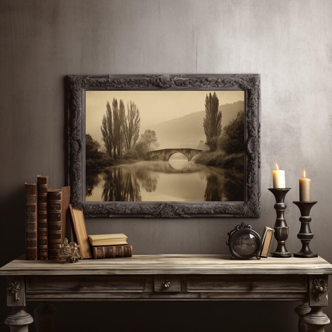 Sepia River Bridge in Misty Countryside - Etsy