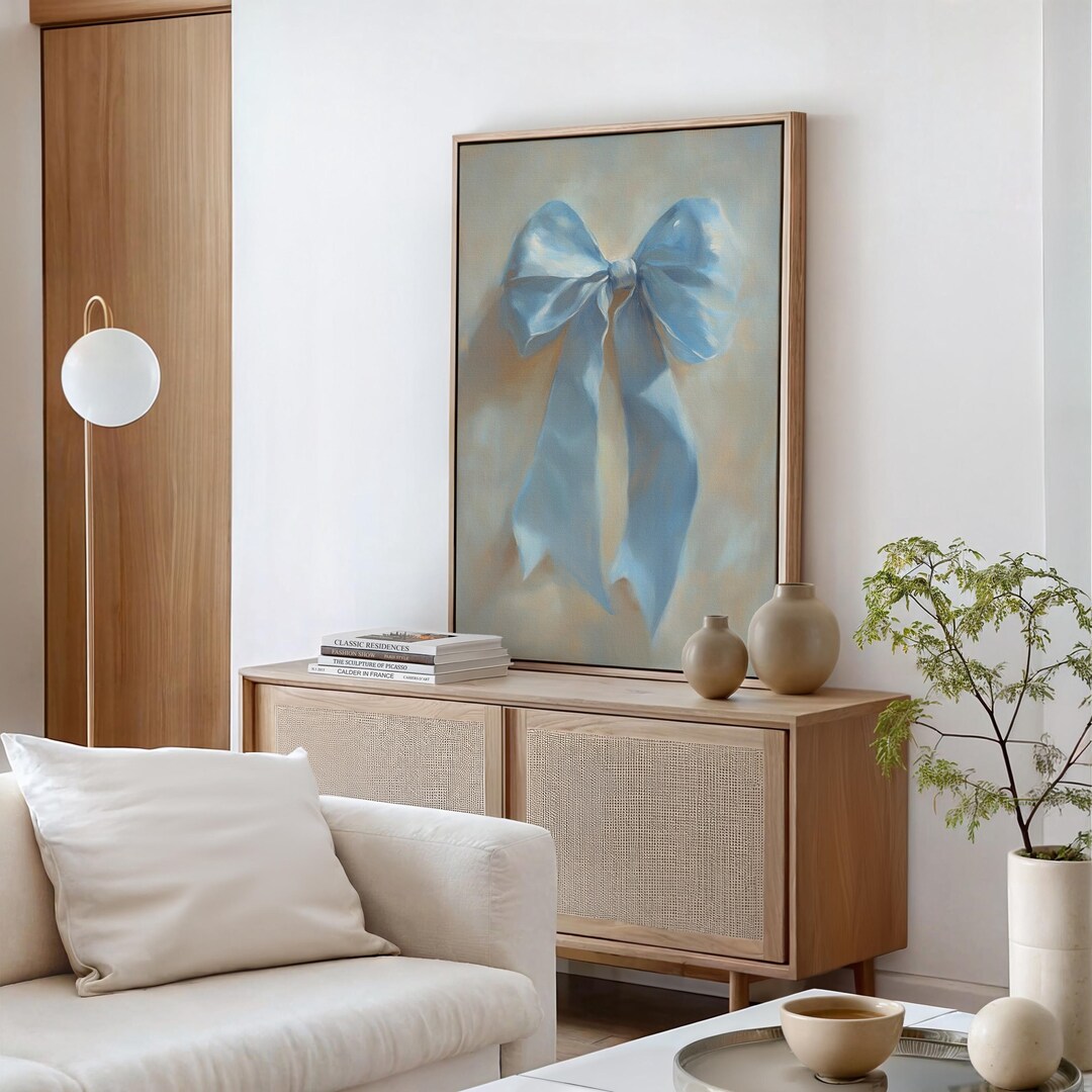 Soft Blue Satin Bow Painting - Elegant Light Blue Ribbon Artwork for ...