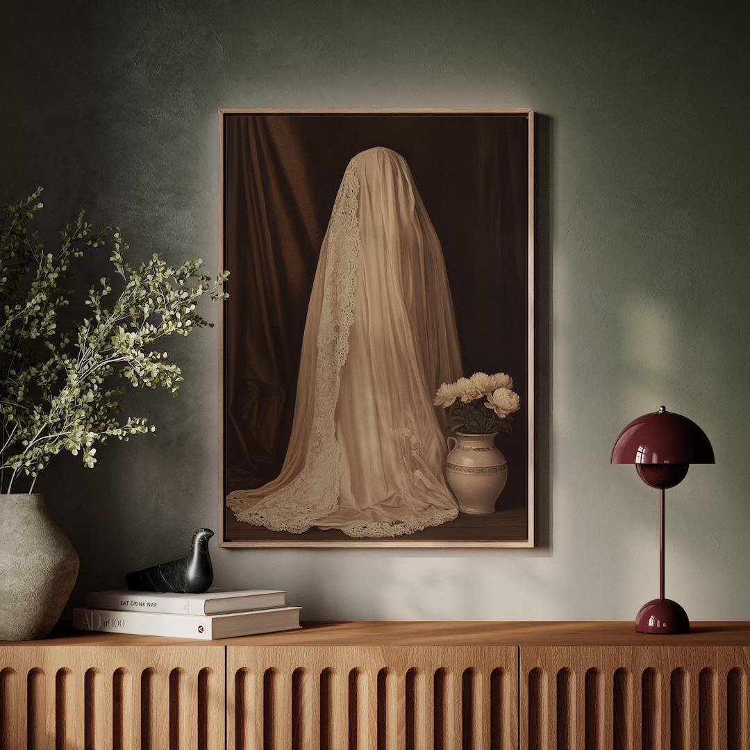 Vintage Ghostly Bride Art Print, Lace Veil Figure With Flowers, Sepia ...