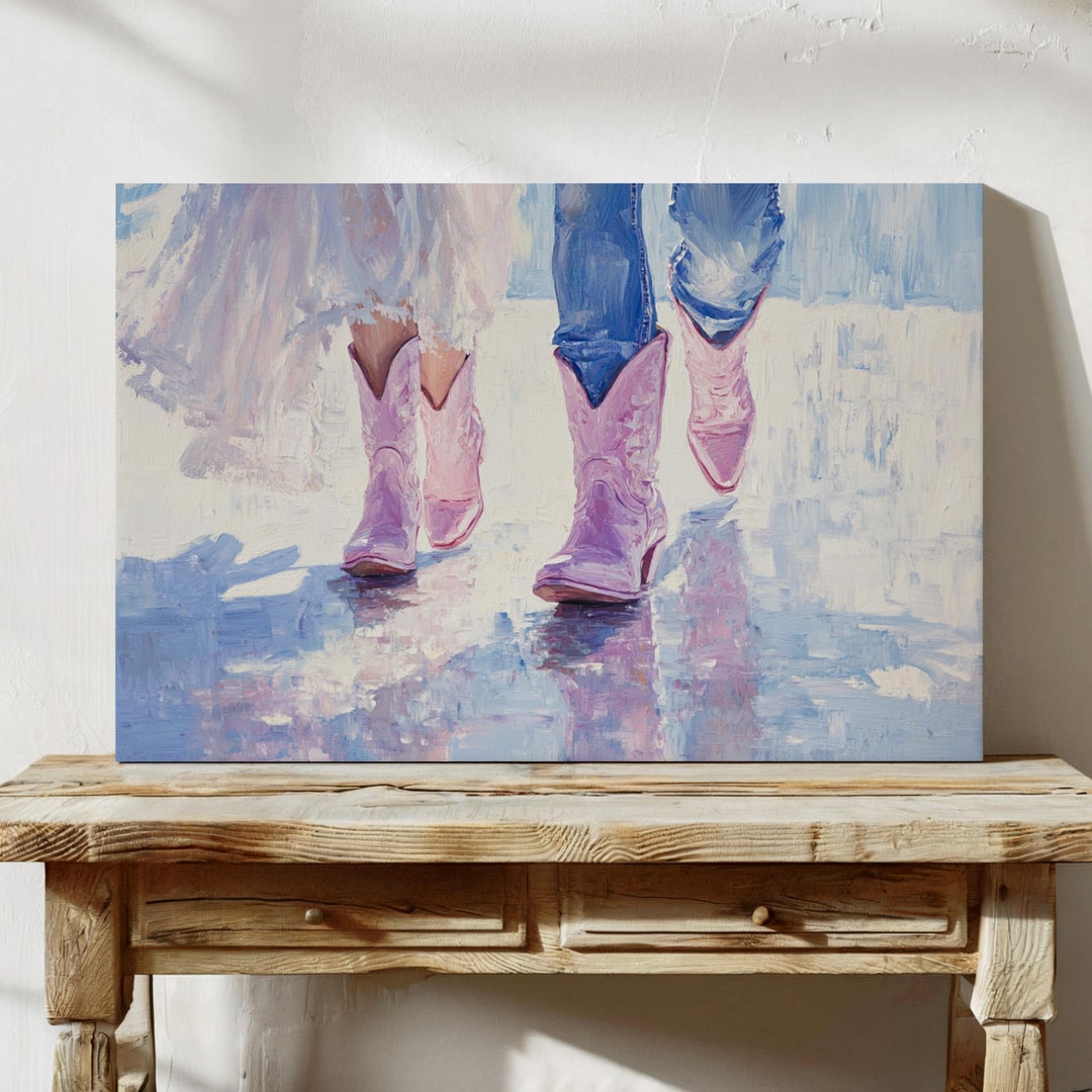 Romantic Pink Cowboy Boots Wall Art: Western Couple Walking in ...