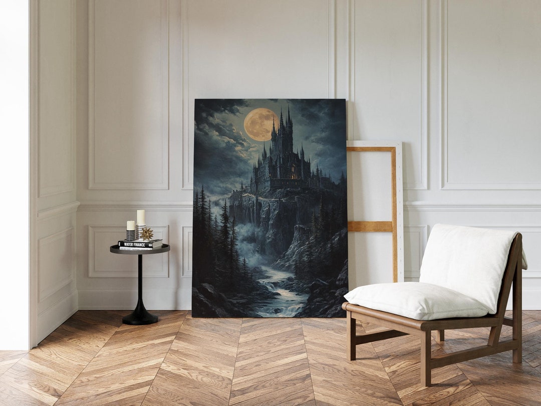 Moonlit Gothic Castle Canvas Art, Haunted Cliffside Fortress With Misty ...