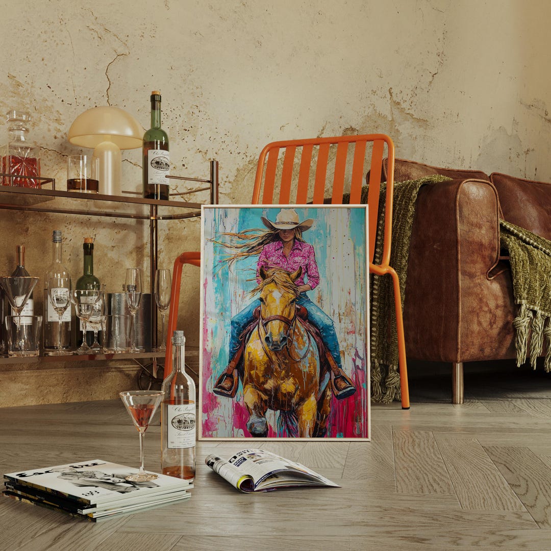 Cowgirl Riding Horse Canvas Wall Art – Bold Western Pop Art in Vibrant ...