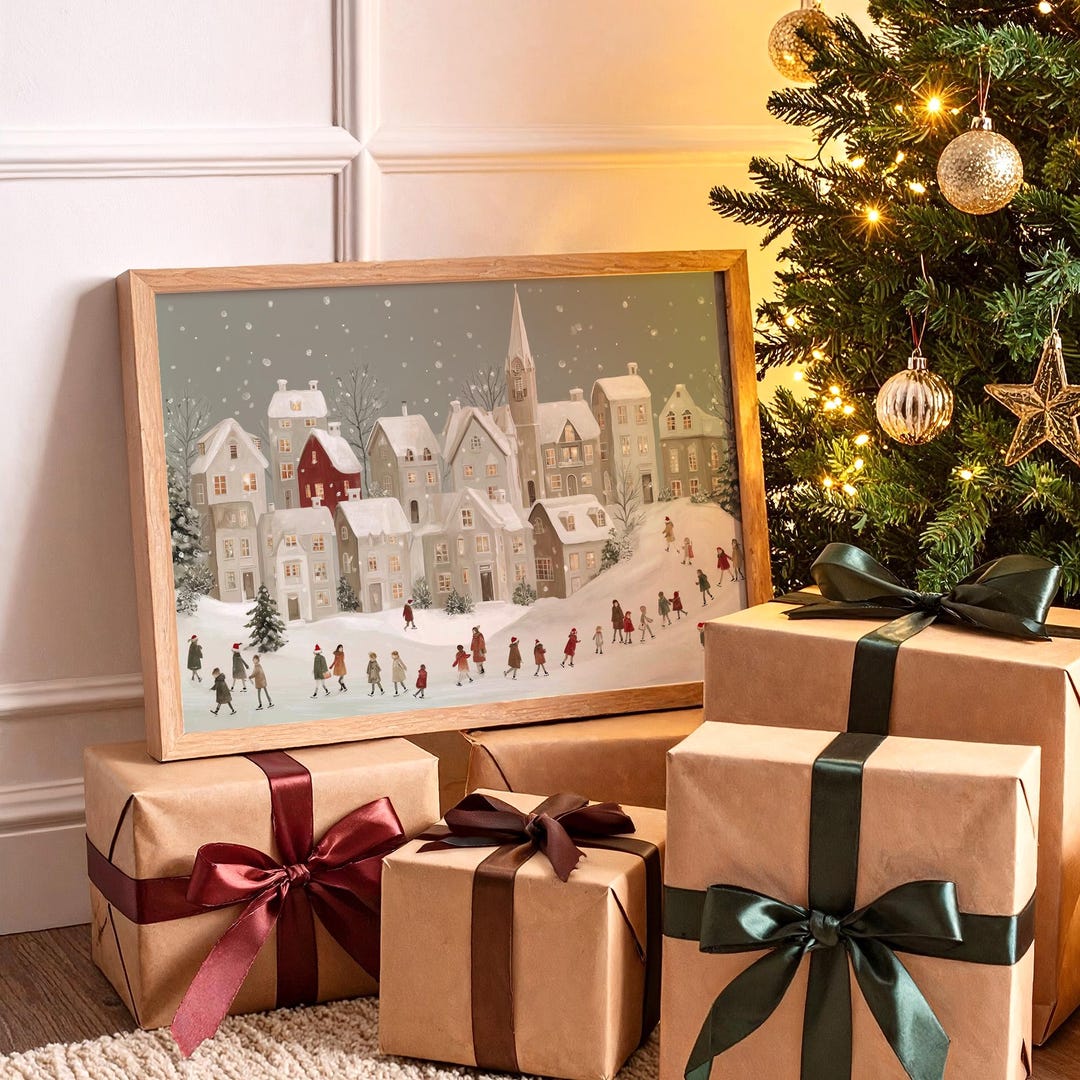 Snowy Christmas Village Canvas Wall Art | Winter Town Painting Print ...