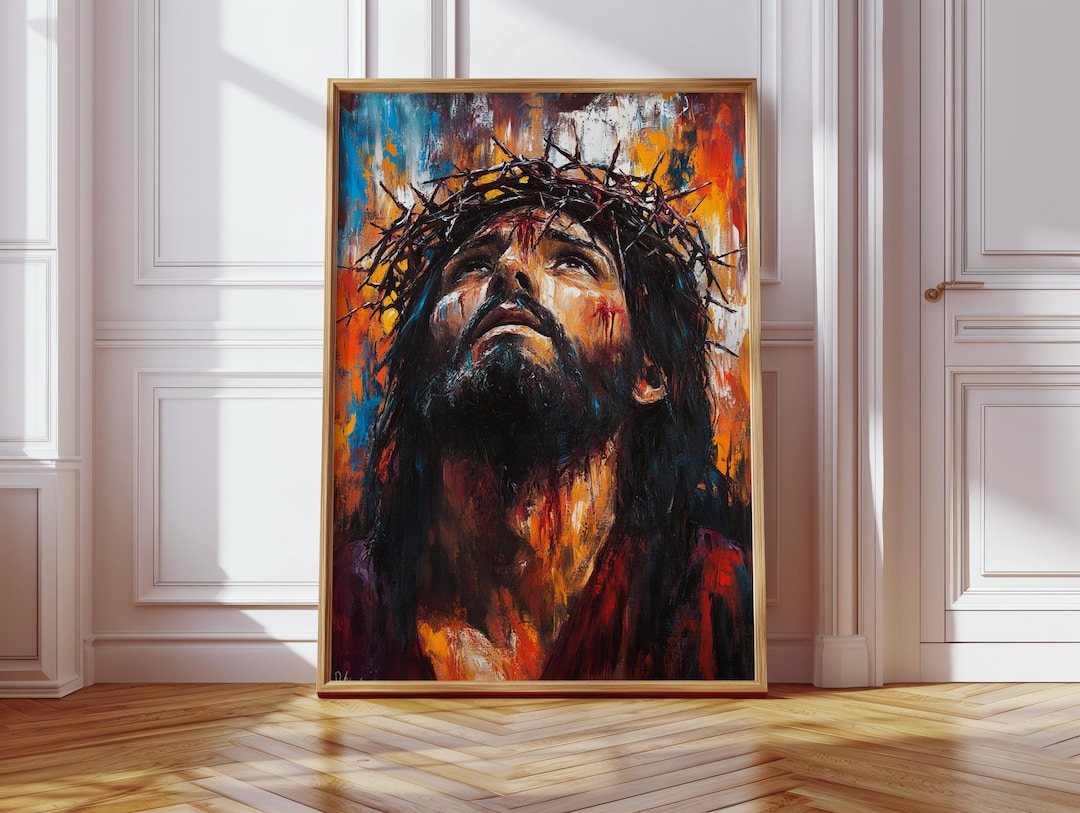 Jesus Crown of Thorns Canvas Wall Art, Bold Christian Painting of ...