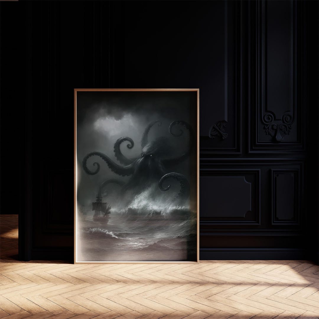 Giant Kraken Sea Monster Canvas Art, Dark Ocean Storm Nautical Fantasy ...