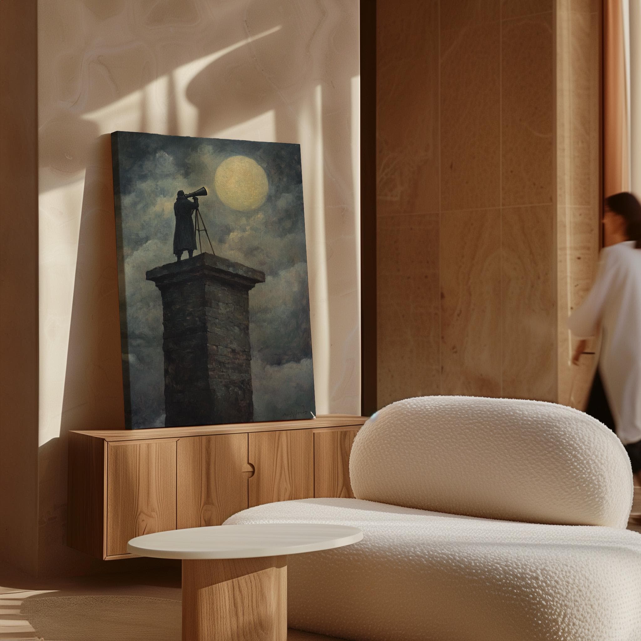 Man Observing Full Moon Canvas Wall Art - Dramatic Night Sky Scene With ...