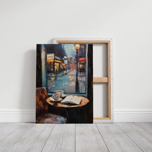 Rainy City Café Window Scene Canvas - Cozy Coffee and Open Book Art ...