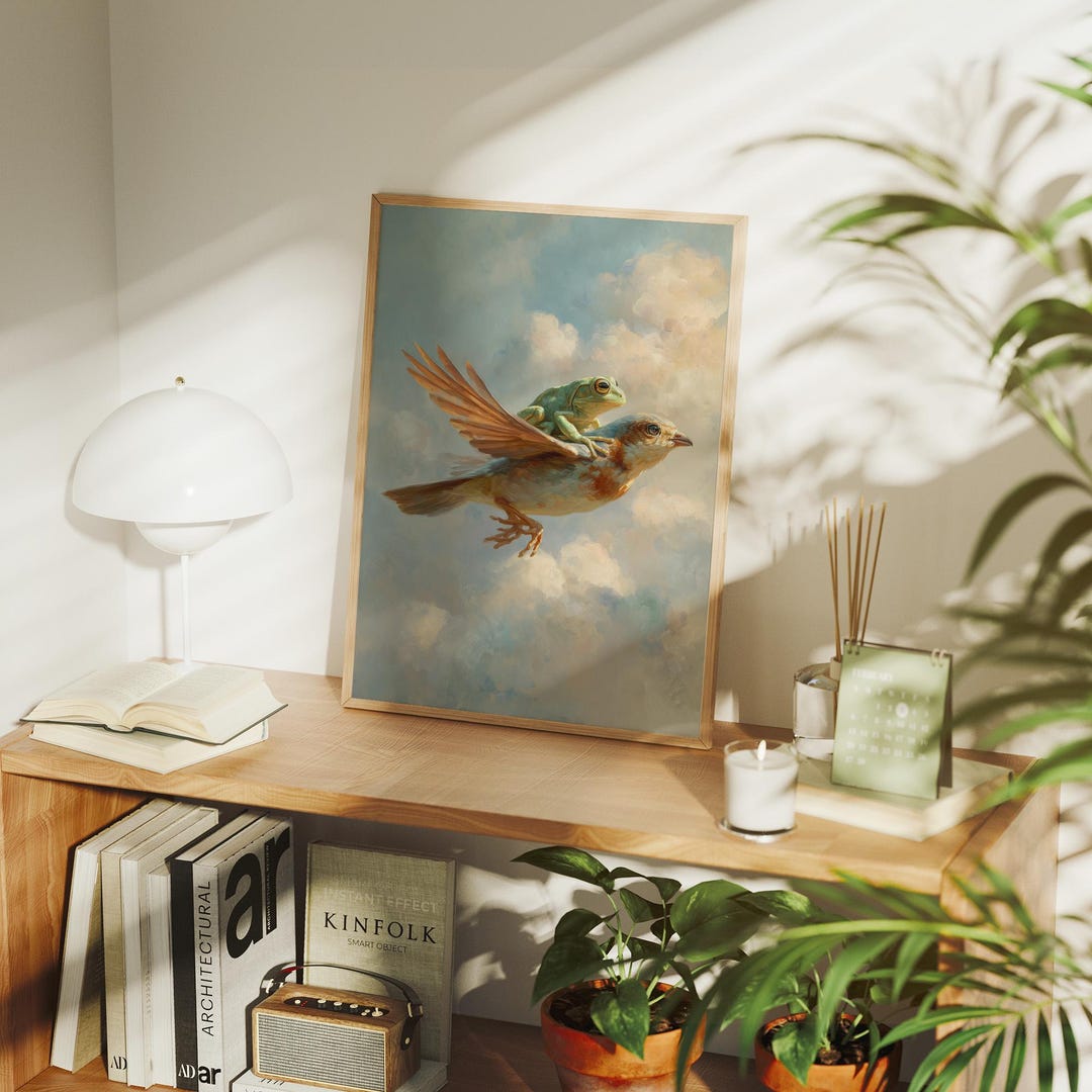 Frog Riding Bird Canvas Wall Art | Whimsical Vintage Oil Painting Style ...